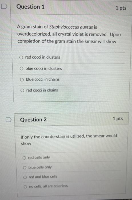 Solved A gram stain of Staphylococcus aureus is | Chegg.com