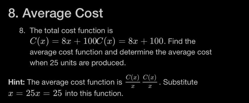 Solved Average CostThe total cost function is | Chegg.com