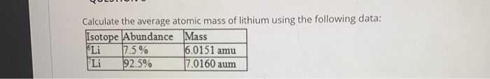Solved Calculate the average atomic mass of lithium using | Chegg.com