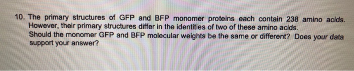 Solved 10. The primary structures of GFP and BFP monomer | Chegg.com