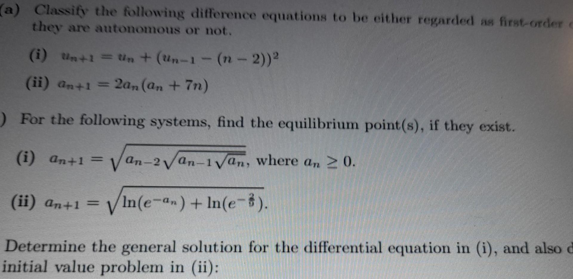 Solved (a) Classify the following difference equations to be | Chegg.com