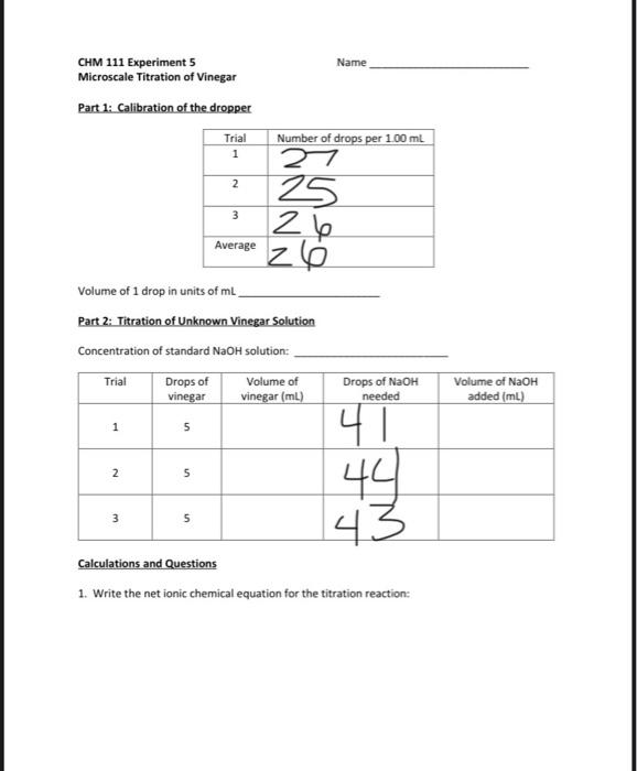 Name CHM 111 Experiment 5 Microscale Titration of | Chegg.com