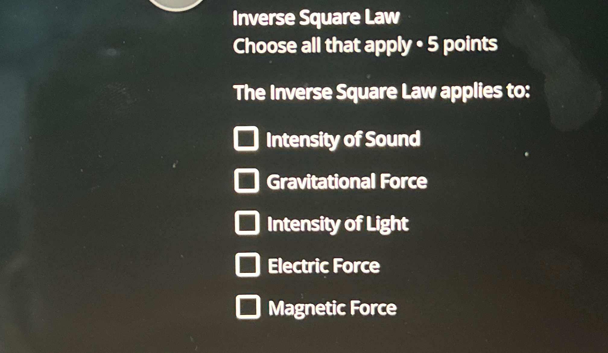 Solved Inverse Square LawChoose all that apply *5 ﻿pointsThe | Chegg.com