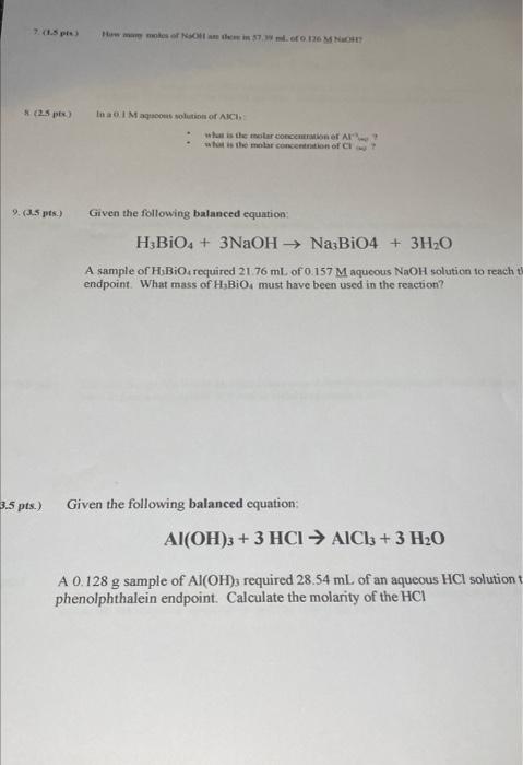 Solved 9. (a.5 pts.) Given the following balanced equation: | Chegg.com