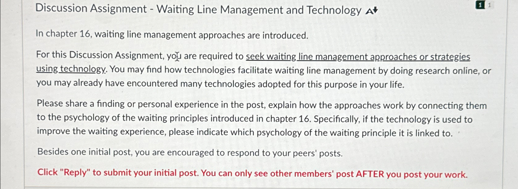Solved Discussion Assignment - ﻿Waiting Line Management and | Chegg.com