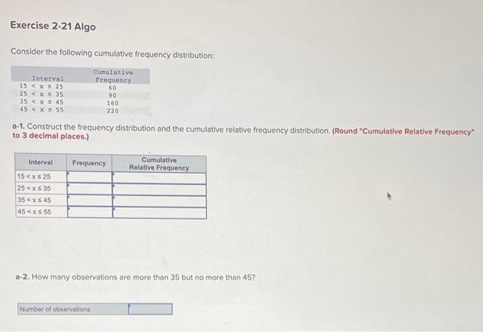 Solved Exercise 2-21 Algo Consider the following cumulative | Chegg.com