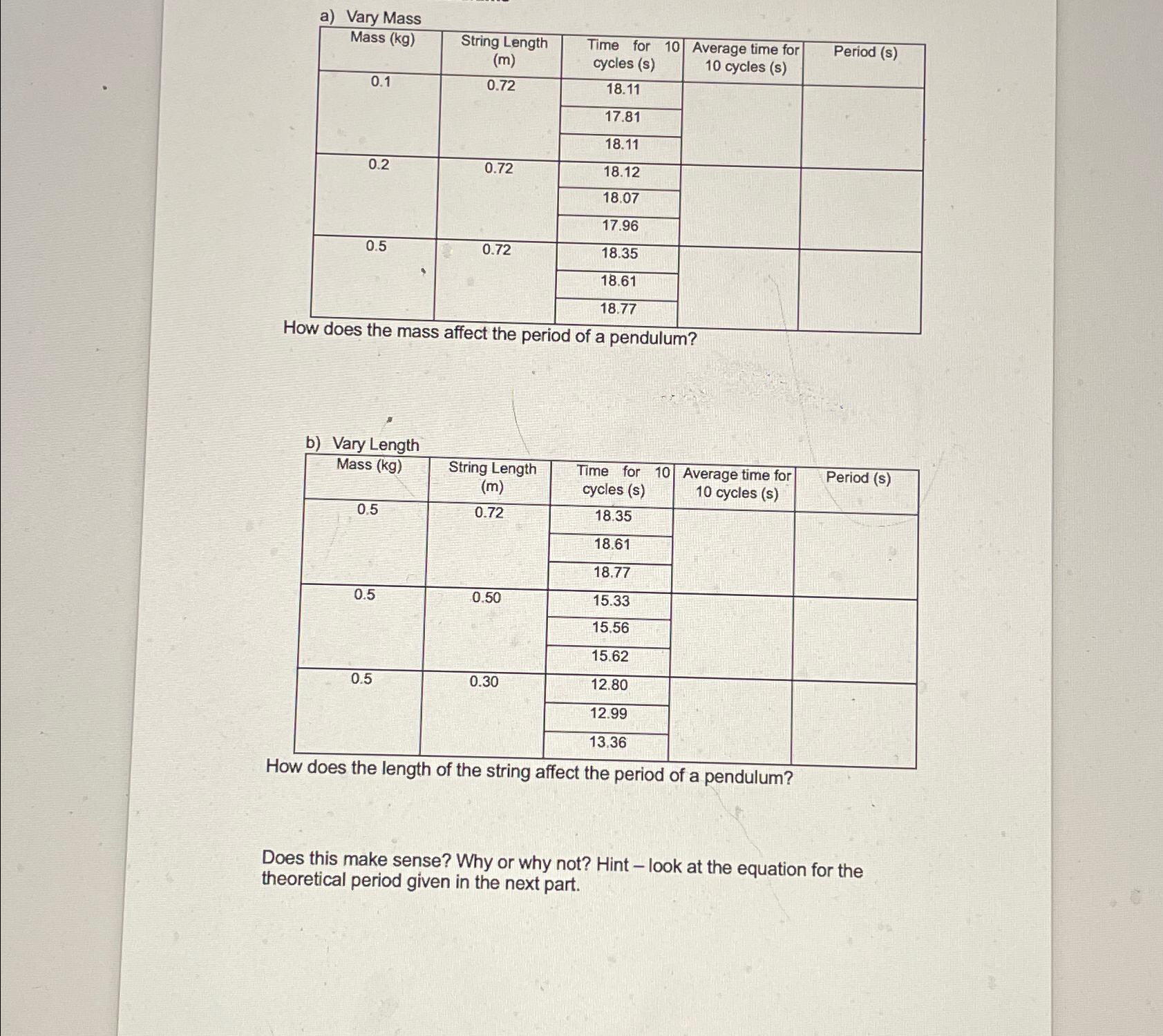 Solved a) ﻿Vary Mass\table[[Mass (kg),\table[[String | Chegg.com