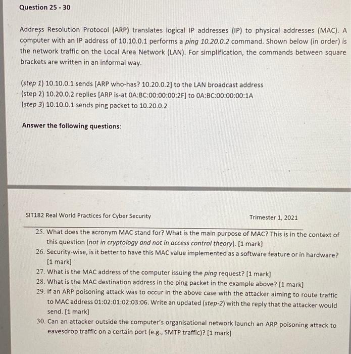 Solved Question 25 - 30 Address Resolution Protocol (ARP) | Chegg.com