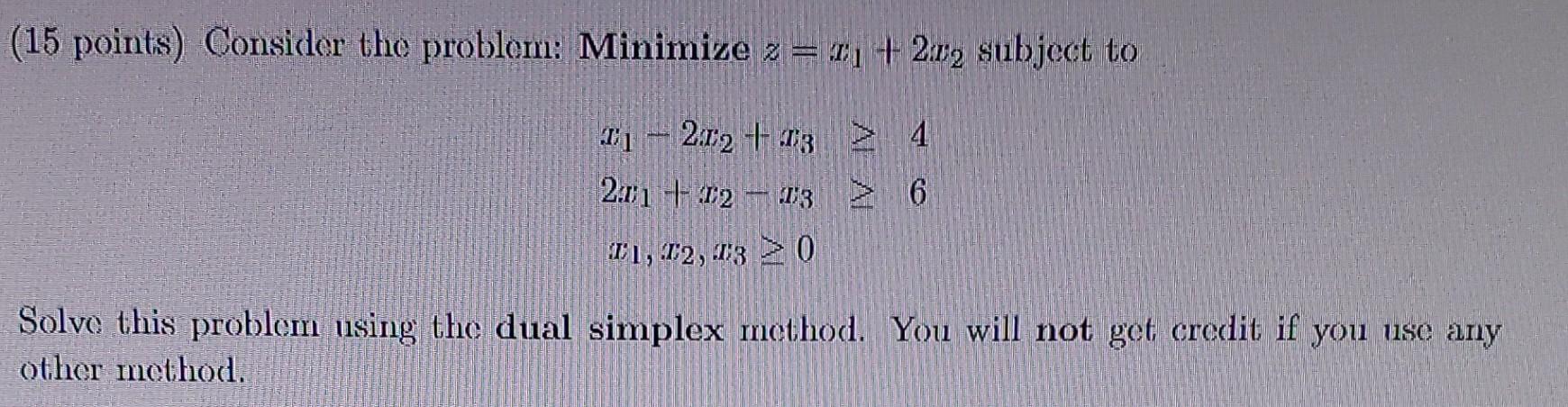 Solved (15 points) Consider the problem: Minimize z=x1+2x2 | Chegg.com