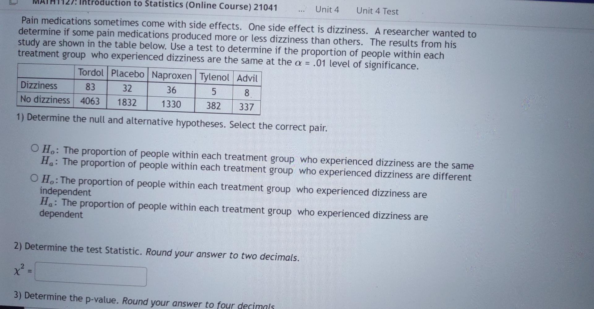 Solved troduction to Statistics (Online Course) 21041 Unit 4 | Chegg.com