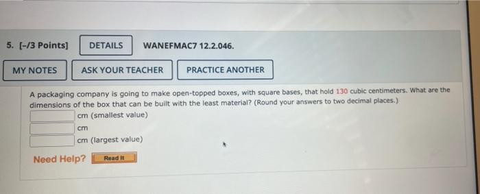 Solved 5. [-/3 Points] DETAILS WANEFMAC7 12.2.046. MY NOTES | Chegg.com