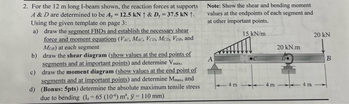 Solved 2. For the 12 m long I-beam shown, the reaction | Chegg.com