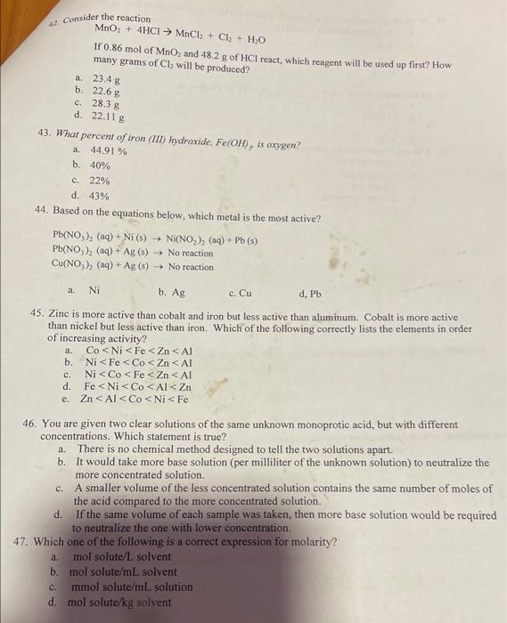 Solved 23. Consider the reaction MnO2+4HCl→MnCl2+Cl2+H2O If | Chegg.com