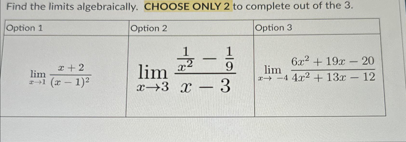 Solved Find the limits algebraically. CHOOSE ONLY 2 ﻿to | Chegg.com