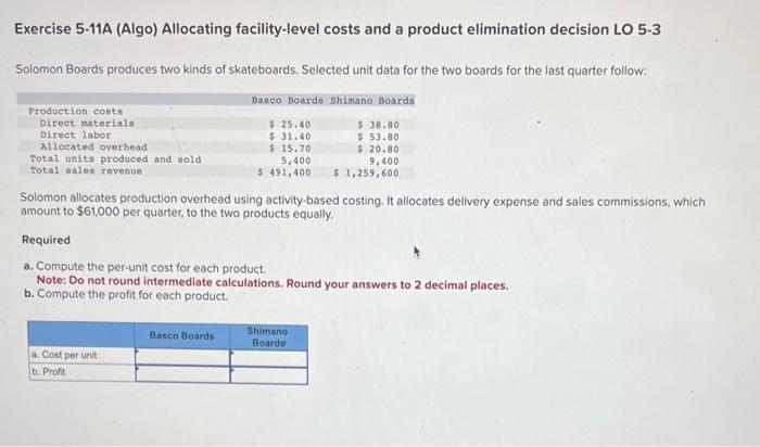 Solved Exercise 5-11A (Algo) Allocating facility-level costs | Chegg.com