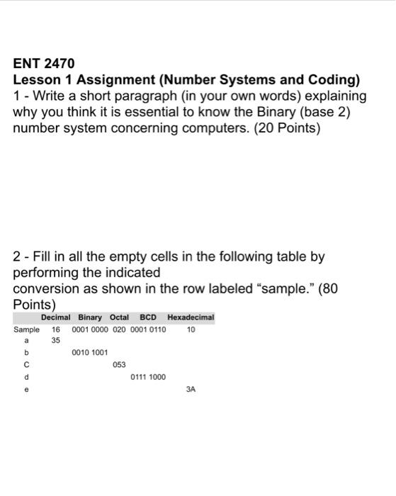 Solved ENT 2470 Lesson 1 Assignment (Number Systems and | Chegg.com
