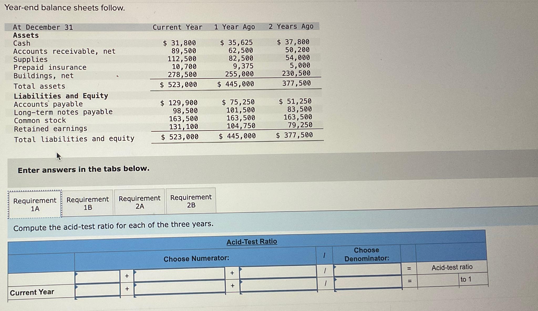 Solved Year-end balance sheets follow.\table[[At December | Chegg.com