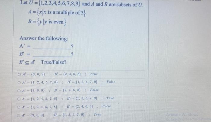 Solved Let U={1,2,3,4,5,6,7,8,9} and A and B are subsets of | Chegg.com