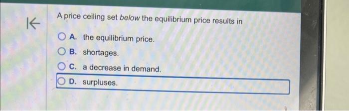 Solved A price ceiling set below the equilibrium price | Chegg.com
