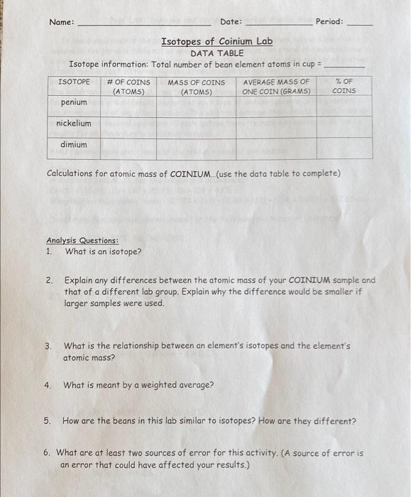 Solved Name: Date: Period: Isotopes of Coinium Lab DATA | Chegg.com
