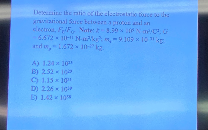 Solved Determine The Ratio Of The Electrostatic Force To The