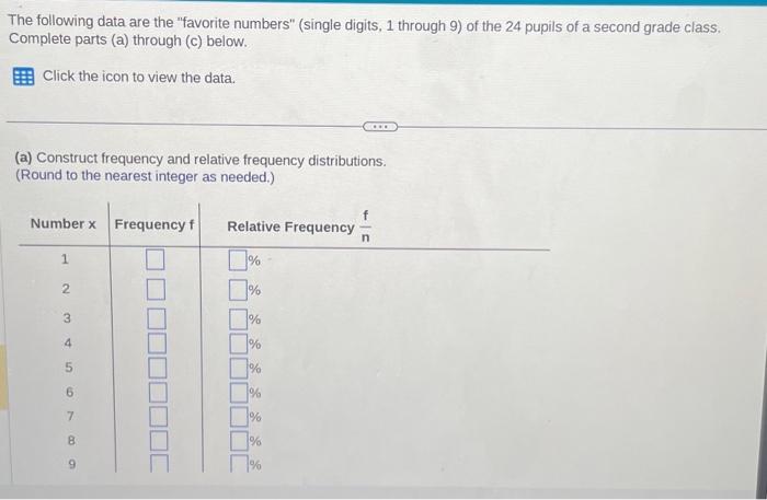 Solved The following data are the "favorite numbers" (single | Chegg.com