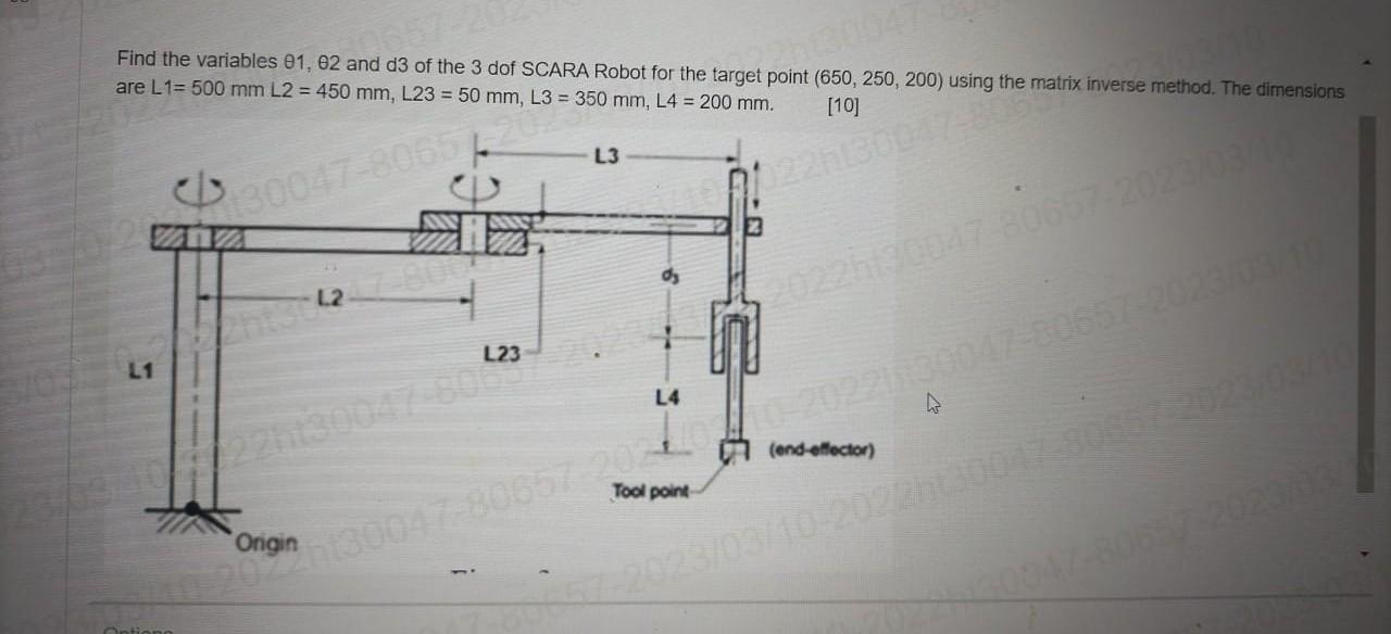 Solved Find the variables θ1,θ2 and d3 of the 3 dof SCARA | Chegg.com