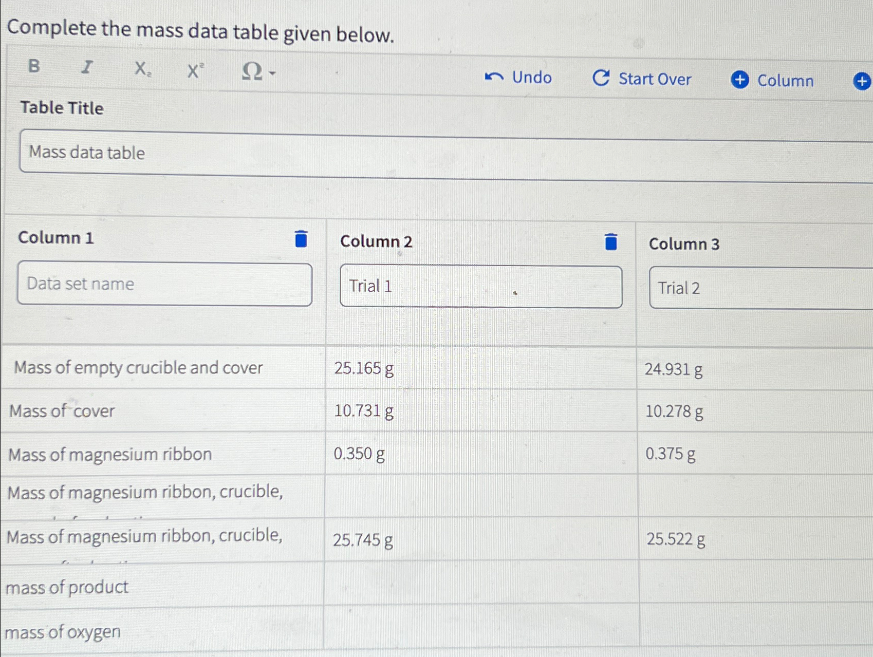 Complete the mass data table given | Chegg.com