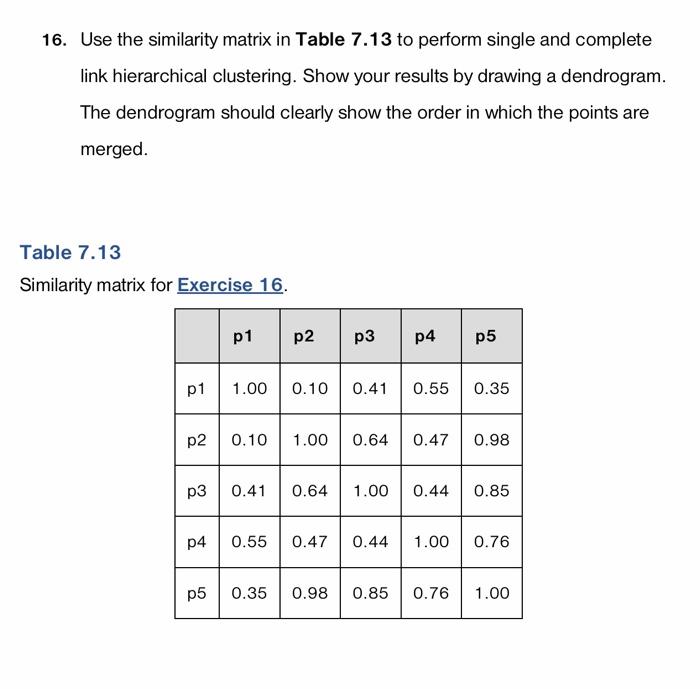 Solved 16. Use the similarity matrix in Table 7.13 to | Chegg.com