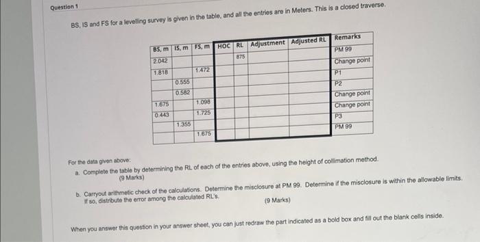 Solved Question 1 BS, IS and FS for a levelling survey is | Chegg.com