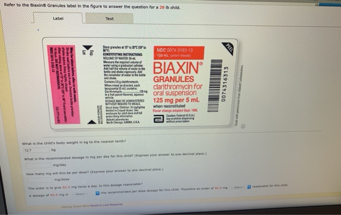 Solved Refer to the Biaxin Granules label in the figure to | Chegg.com