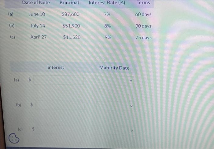 Solved \begin{tabular}{rrrrr} & Date of Note & Principal & | Chegg.com