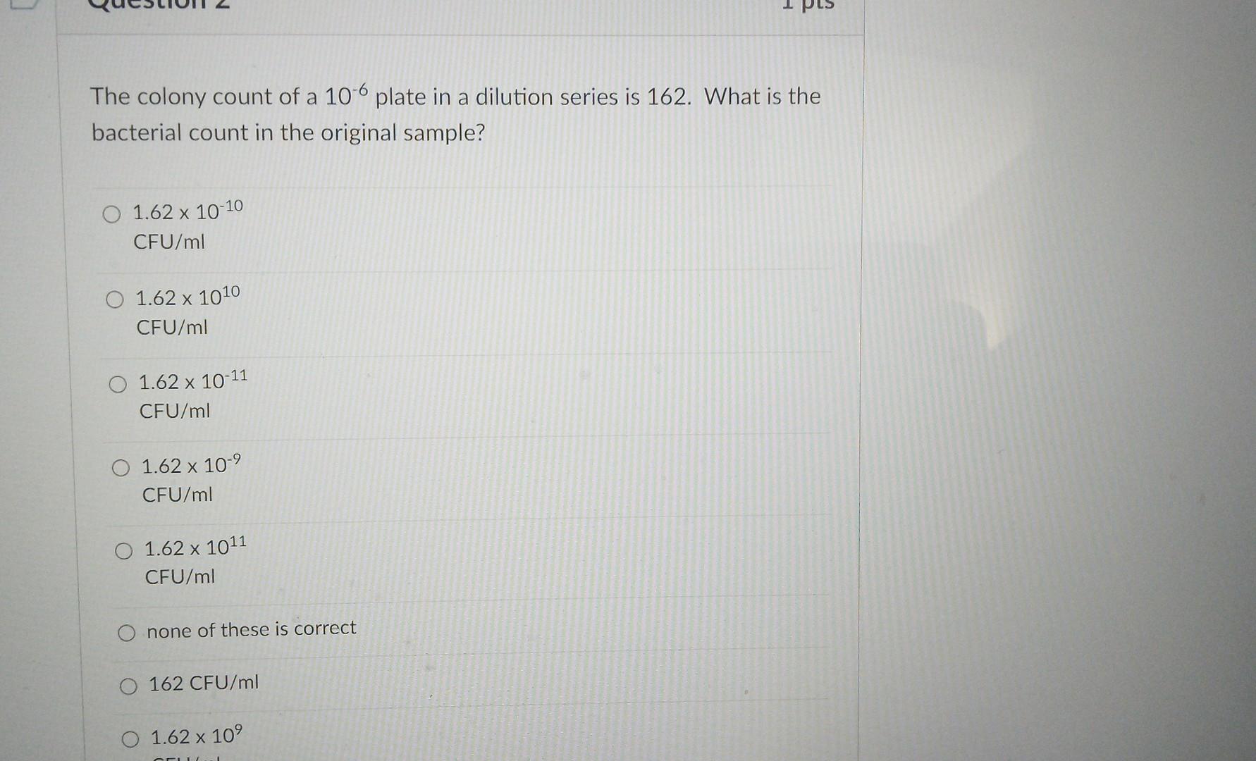 Solved The colony count of a 10−6 plate in a dilution series | Chegg.com