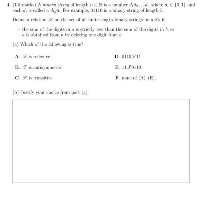 Solved 4 15 Marks A Binary String Of Length N E N Is A 