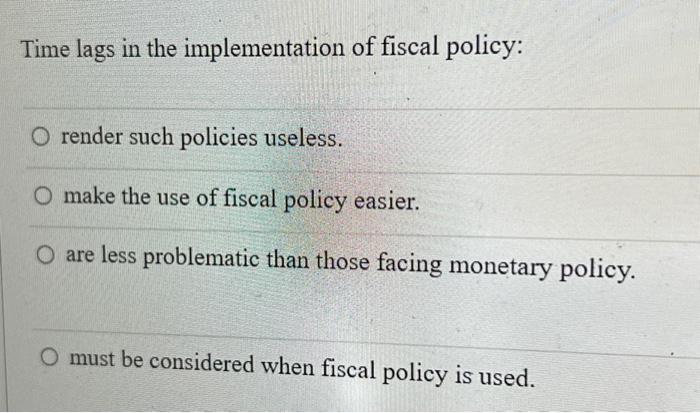 Solved Time lags in the implementation of fiscal policy: | Chegg.com