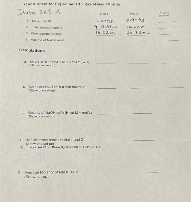 Solved Trial 2 Trial 3 Report Sheet for Experiment 13. | Chegg.com