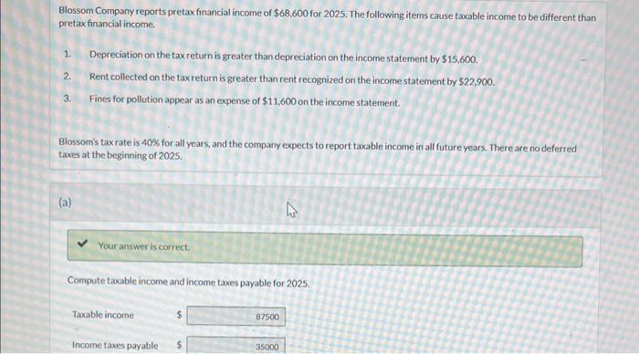 Solved Blossom Company reports pretax financial income of | Chegg.com