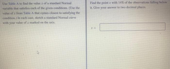 Solved Use Table A to find the value z of a standard Normal | Chegg.com
