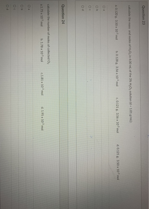 Solved Question 23 calculate the mass and moles of H2O2 in | Chegg.com