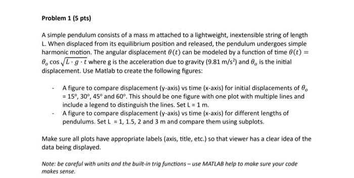 Solved Problem 1 (5 pts) A simple pendulum consists of a | Chegg.com