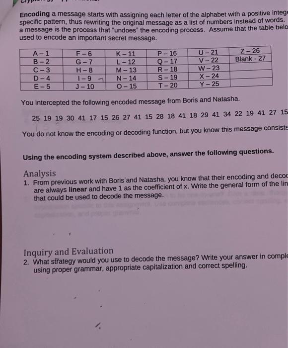 Solved Encoding a message starts with assigning each letter | Chegg.com