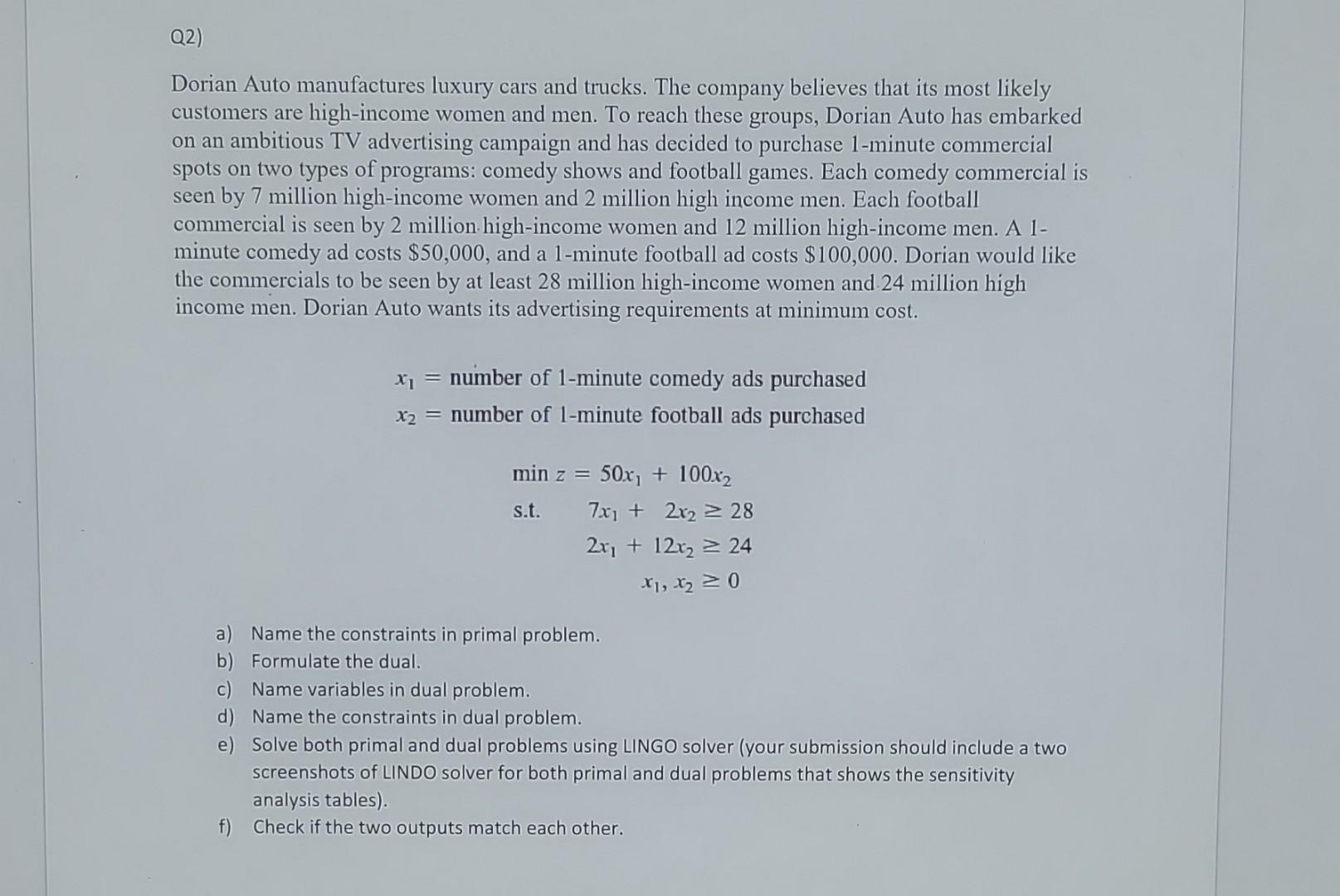 Solved Dorian Auto manufactures luxury cars and trucks. The | Chegg.com