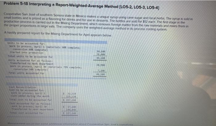 Solved Problem 5-18 Interpreting a Report- Weighted-Average | Chegg.com
