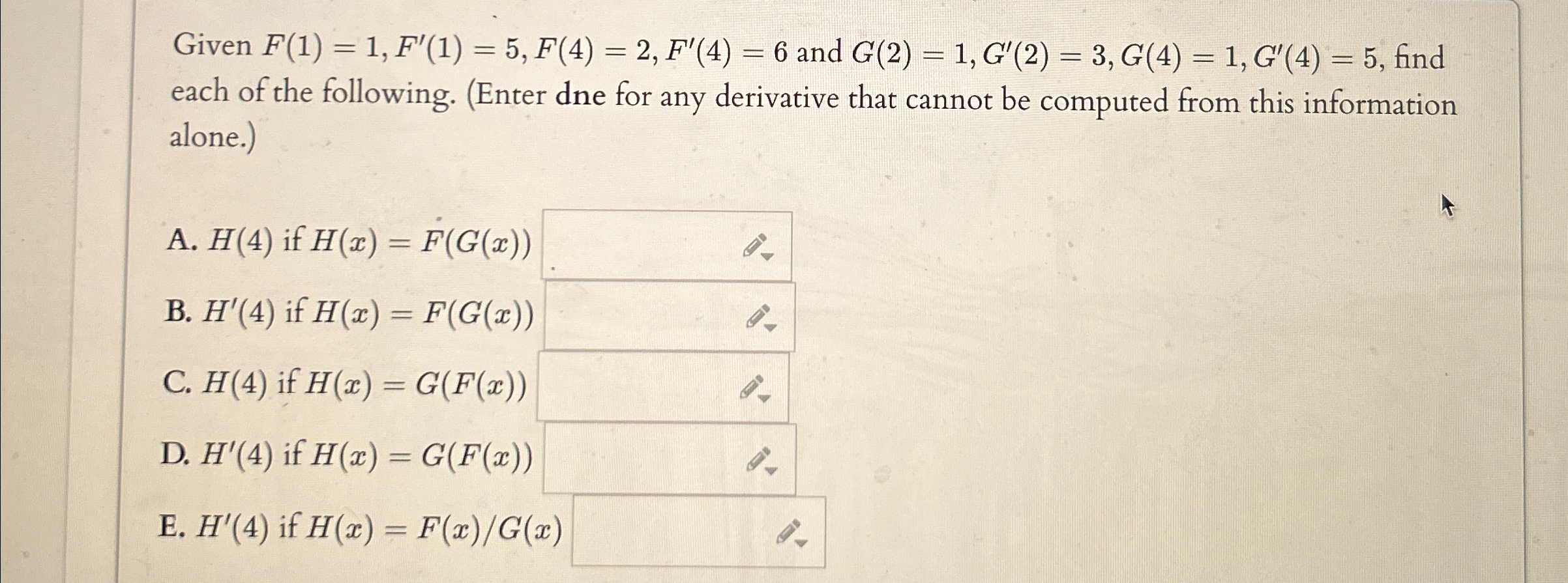 Solved Given F(1)=1,F'(1)=5,F(4)=2,F'(4)=6 ﻿and | Chegg.com