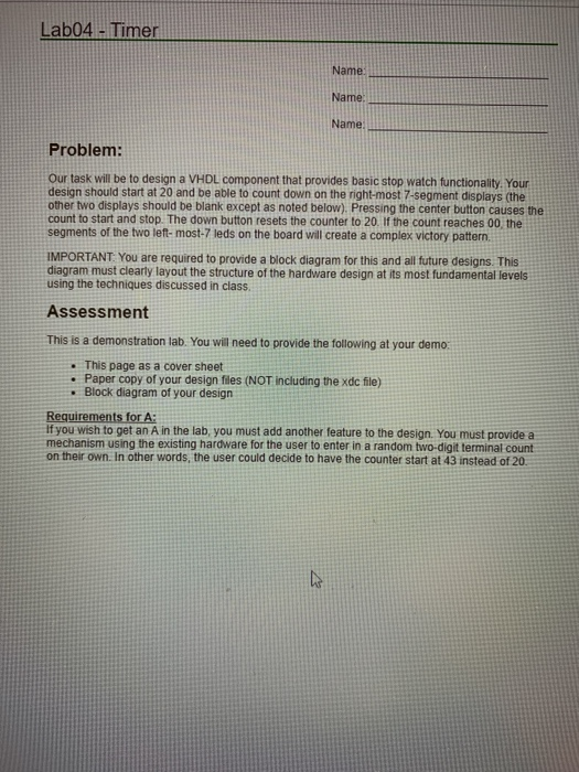Solved Lab04 Timer Name Name Name Problem Our Task Will 9796