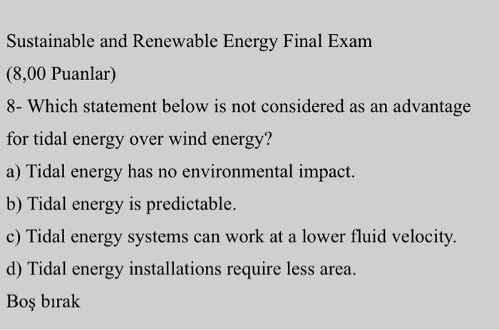 Solved Sustainable and Renewable Energy Final Exam (8,00 | Chegg.com