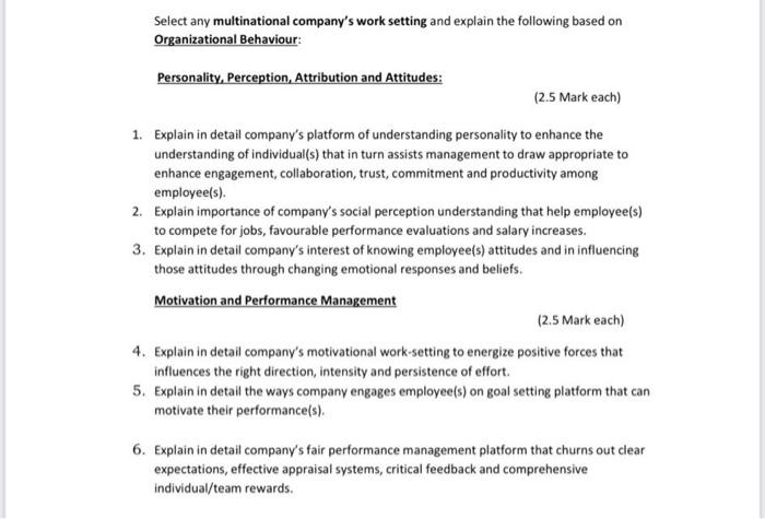 Solved Select any multinational company's work setting and | Chegg.com