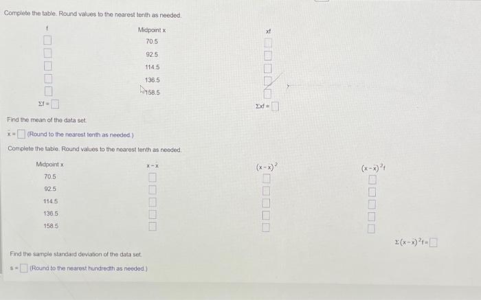 Complete the table. Round values to the nearest tonth | Chegg.com