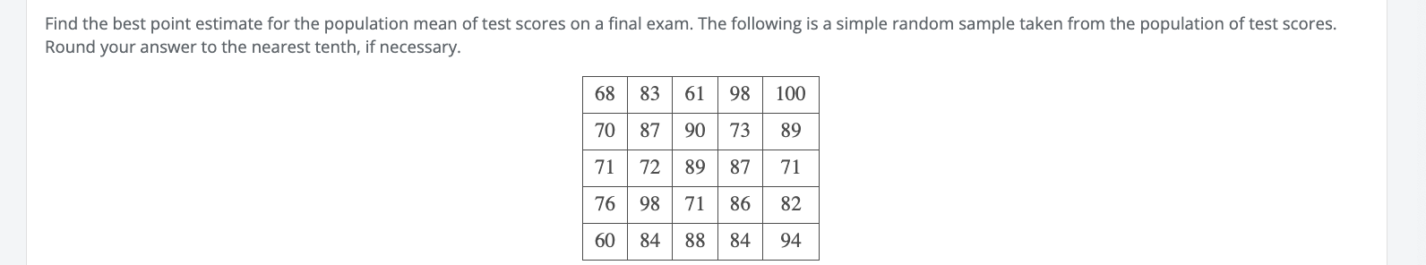 Solved Find the best point estimate for the population mean | Chegg.com