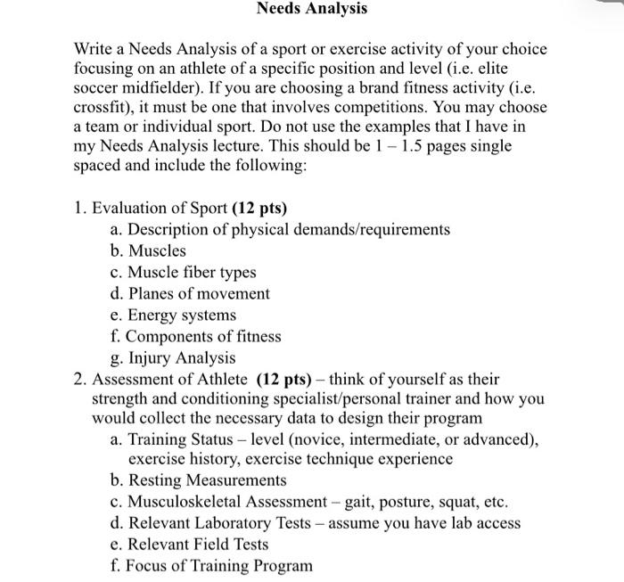 Solved Needs Analysis Write a Needs Analysis of a sport or | Chegg.com